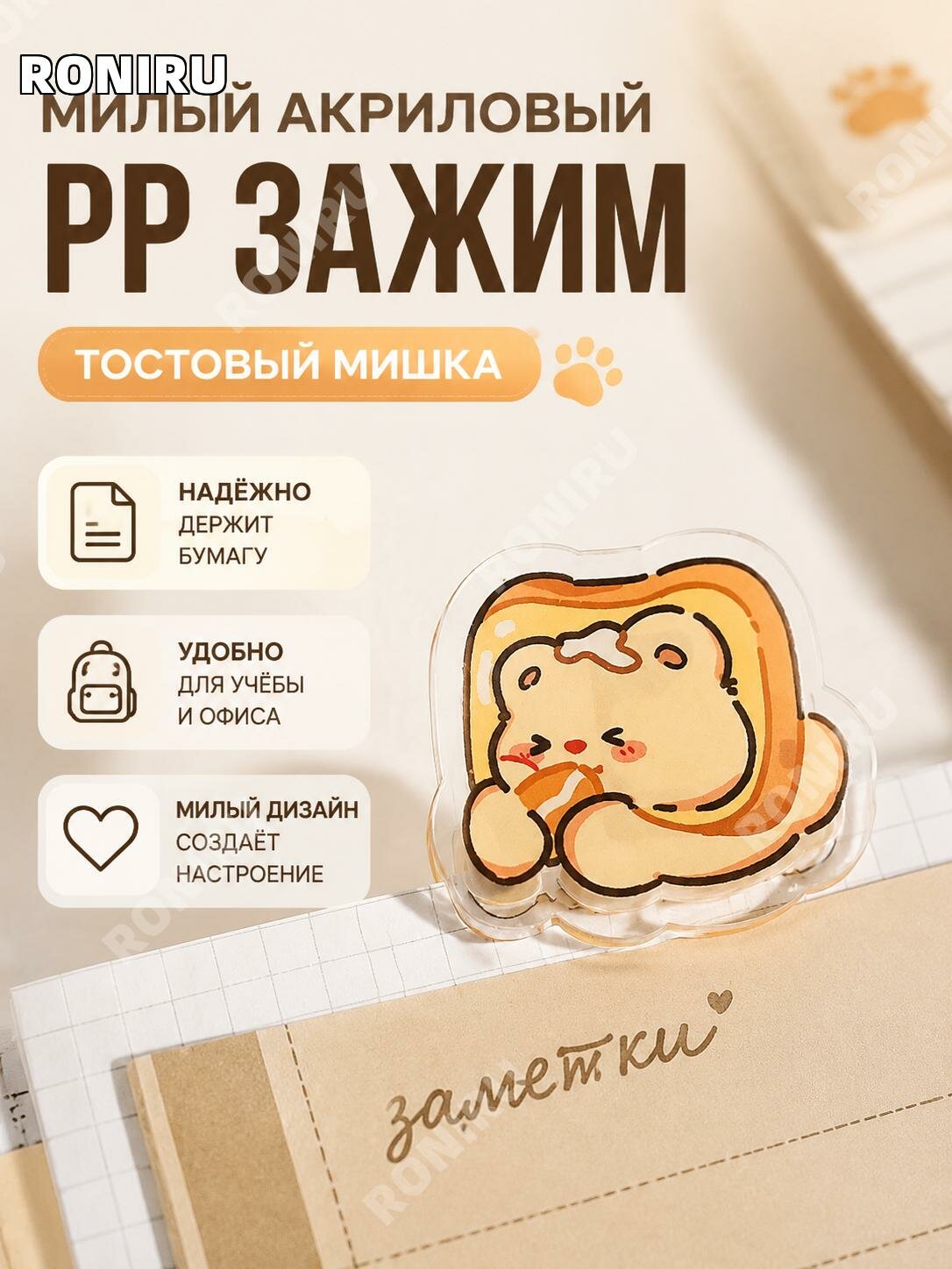 Акриловый зажим Мишка-тост для блокнота, бумаг и пакетов4,4×1×3,8 см
