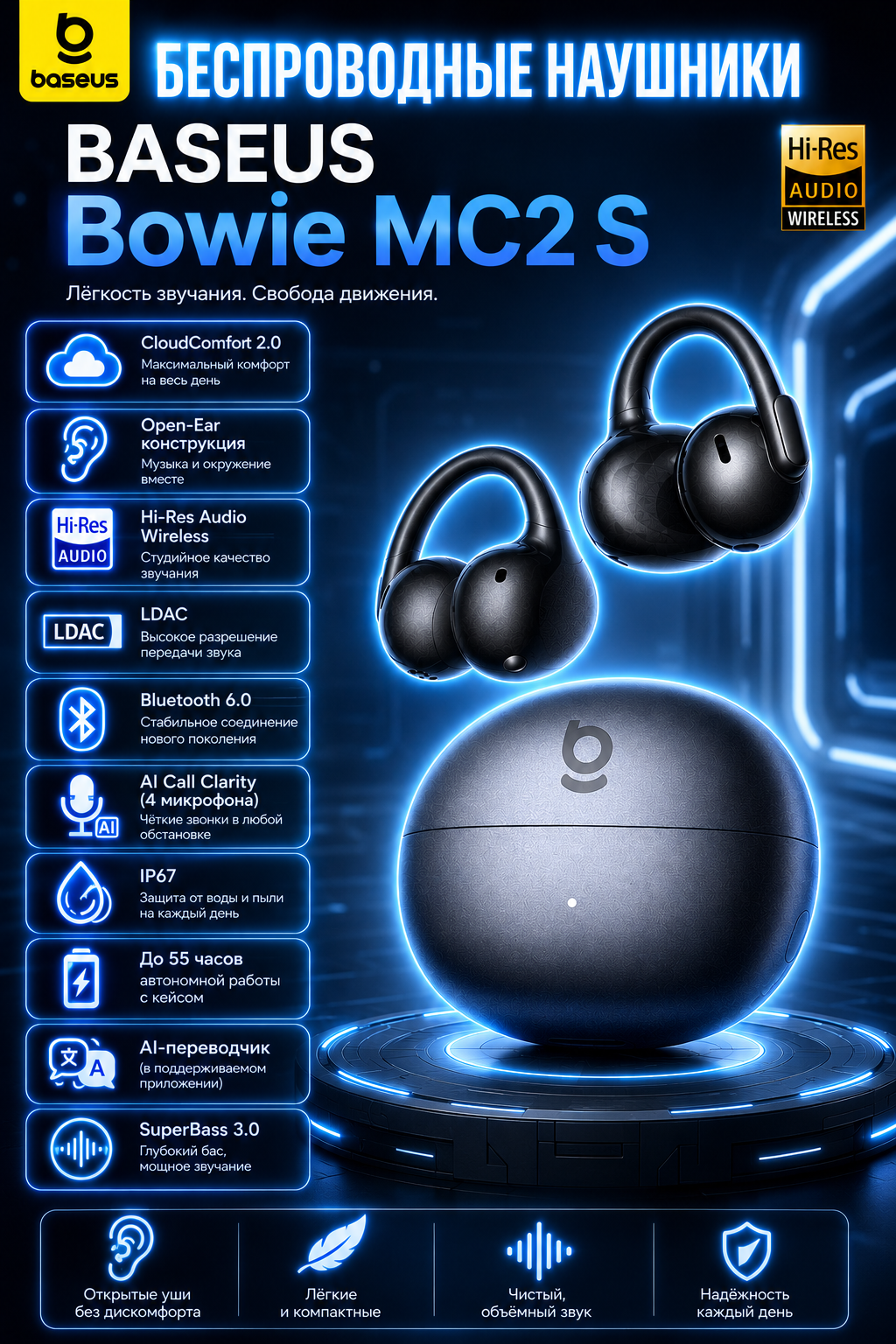 Беспроводные наушники Baseus MC2 S Open-Ear Bluetooth 6.0, Hi-Res Audio, LDAC, IP67, AI Call Clarity/Черные