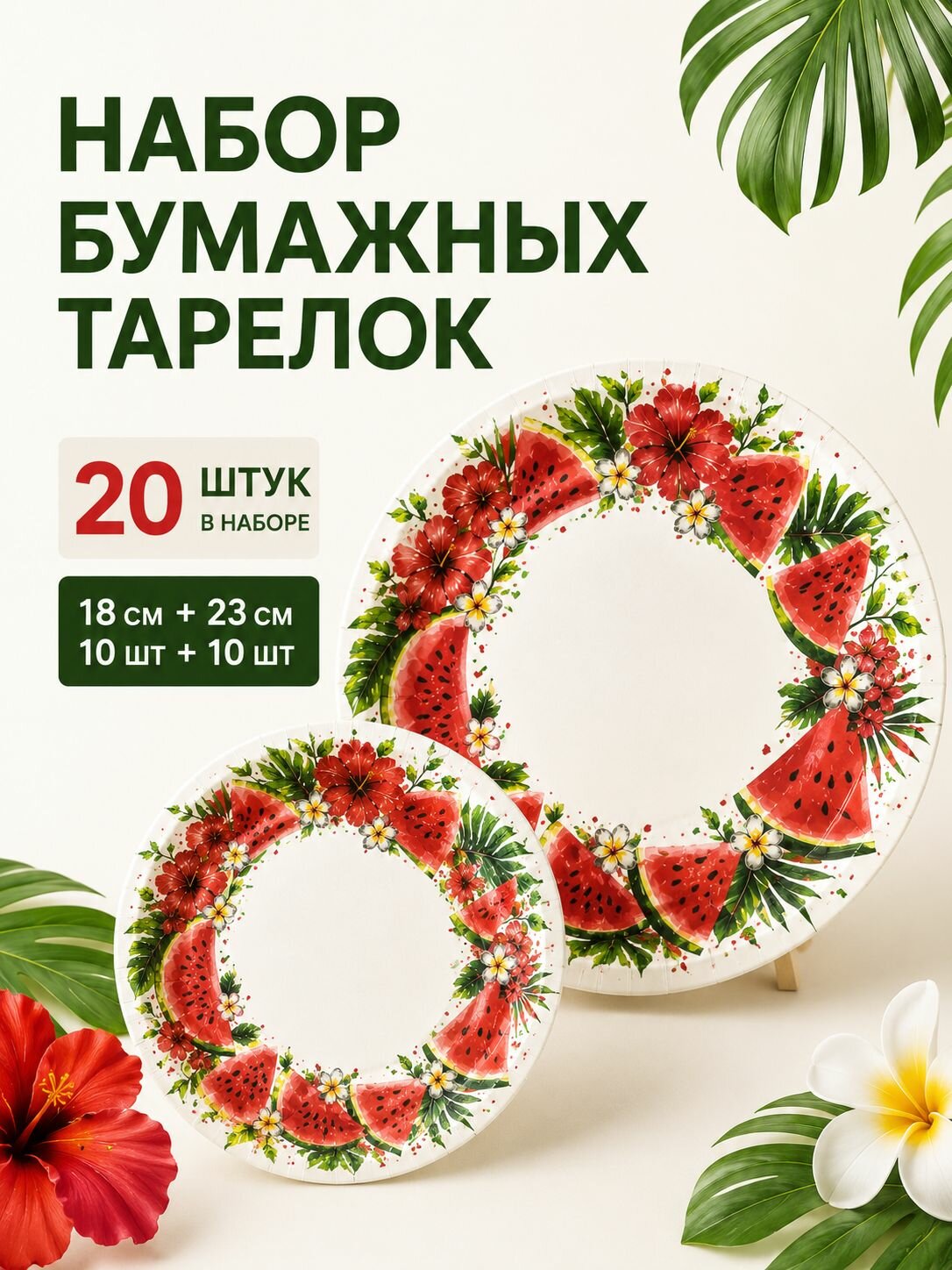 Набор бумажных тарелок 18 и 23 см 20 шт (10+10), одноразовые с одинаковым рисунком для праздника и пикника
