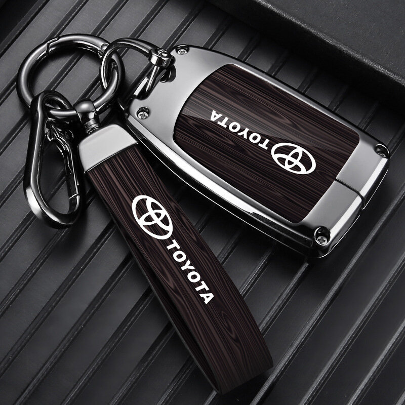 Универсальный чехол для ключа Toyota Yaris/Vios/Camry/Highlander - Деревянный рисунок Серый Кожаный крючок (2-кнопки)