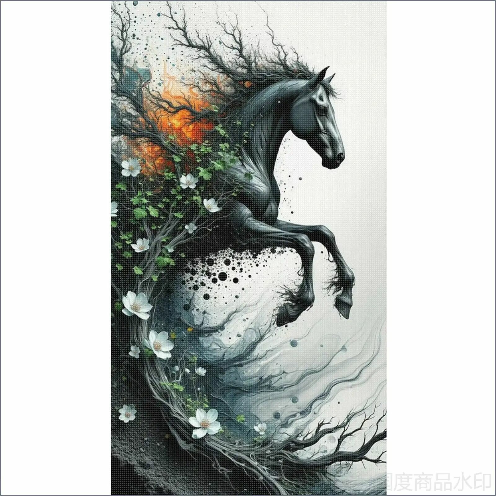 Крестиковый набор Black Horse and Nature Дерево и чёрный конь , канва хлопок 11CT, 40 70 см