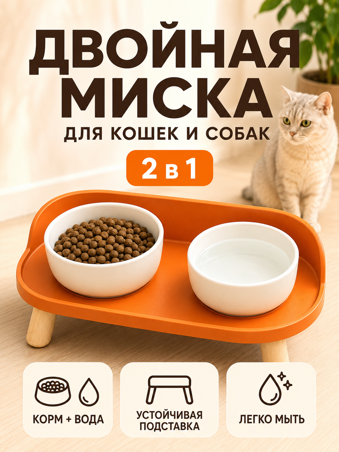 Двойные керамические миски для кошек и собак мелких пород, на нескользящей подставке