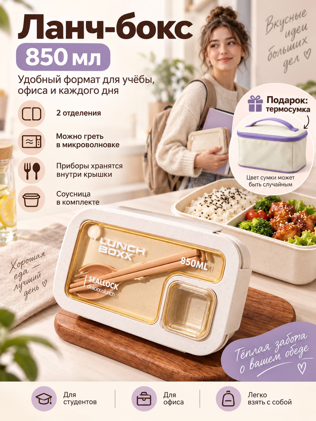 Контейнер пищевой 850 мл 1 шт пластик, можно мыть в посудомойке, столовые приборы в комплекте