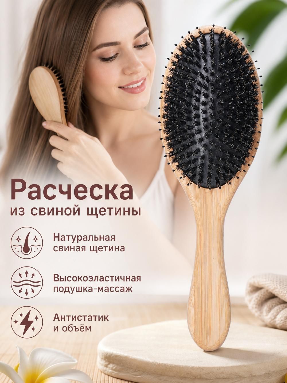 Расческа На Воздушной Подушке Из Бамбука И Свиной Щетины