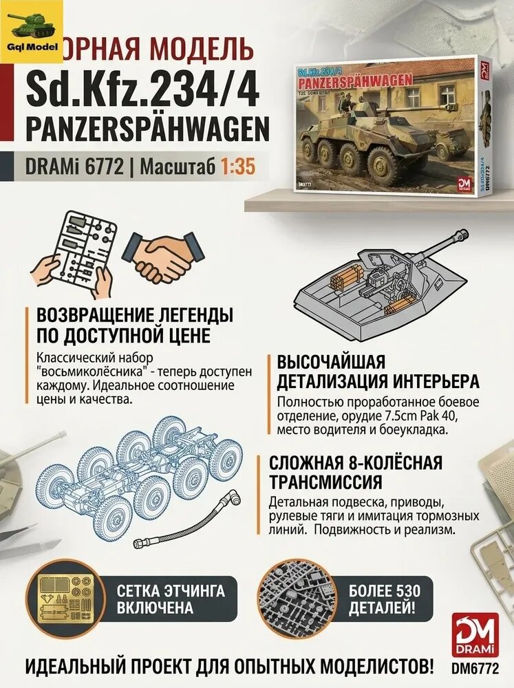 Сборная модель DRAMi 6772 Немецкий тяжелый бронеавтомобиль Sd. Kfz.234/4 Pak 40, Вторая мировая война, 1/35, пластиковый конструктор для склеивания (Переиздание Dragon)