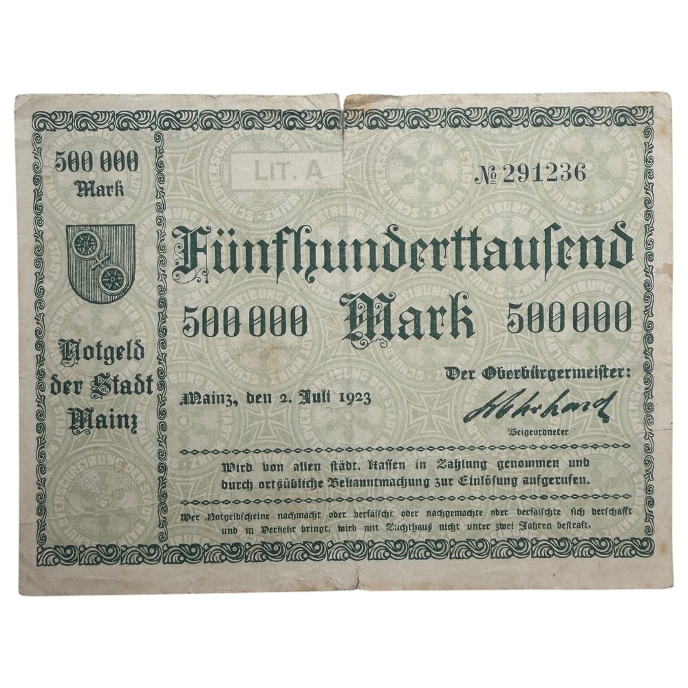 Германия (Веймарская республика) Майнц 500000 марок 1923 г. (Серия A)