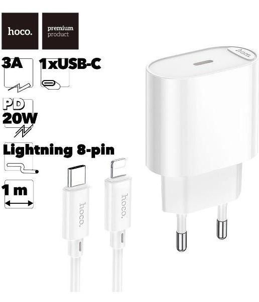 Зарядное устройство для радиотехники Hoco C109A Fighter 1xUSB-C, 3А, PD20W + USB-C кабель Lightning 8-pin, 1м