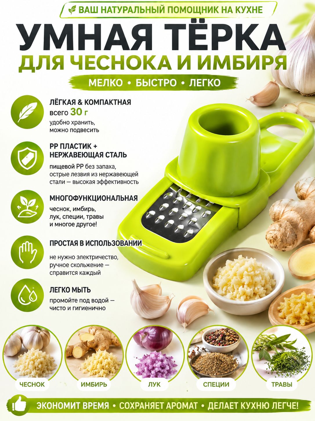 Терка для чеснока маленькая ручная с держателем, пресс - чеснокодавилка мини из нержавеющей стали для имбиря и орехов