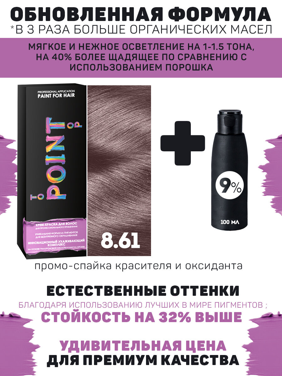 POINT. Промо Краска для волос для проф. прим, тон №8.61, Блондин фиол-пепел. + 9% оксид, 100/100 мл*