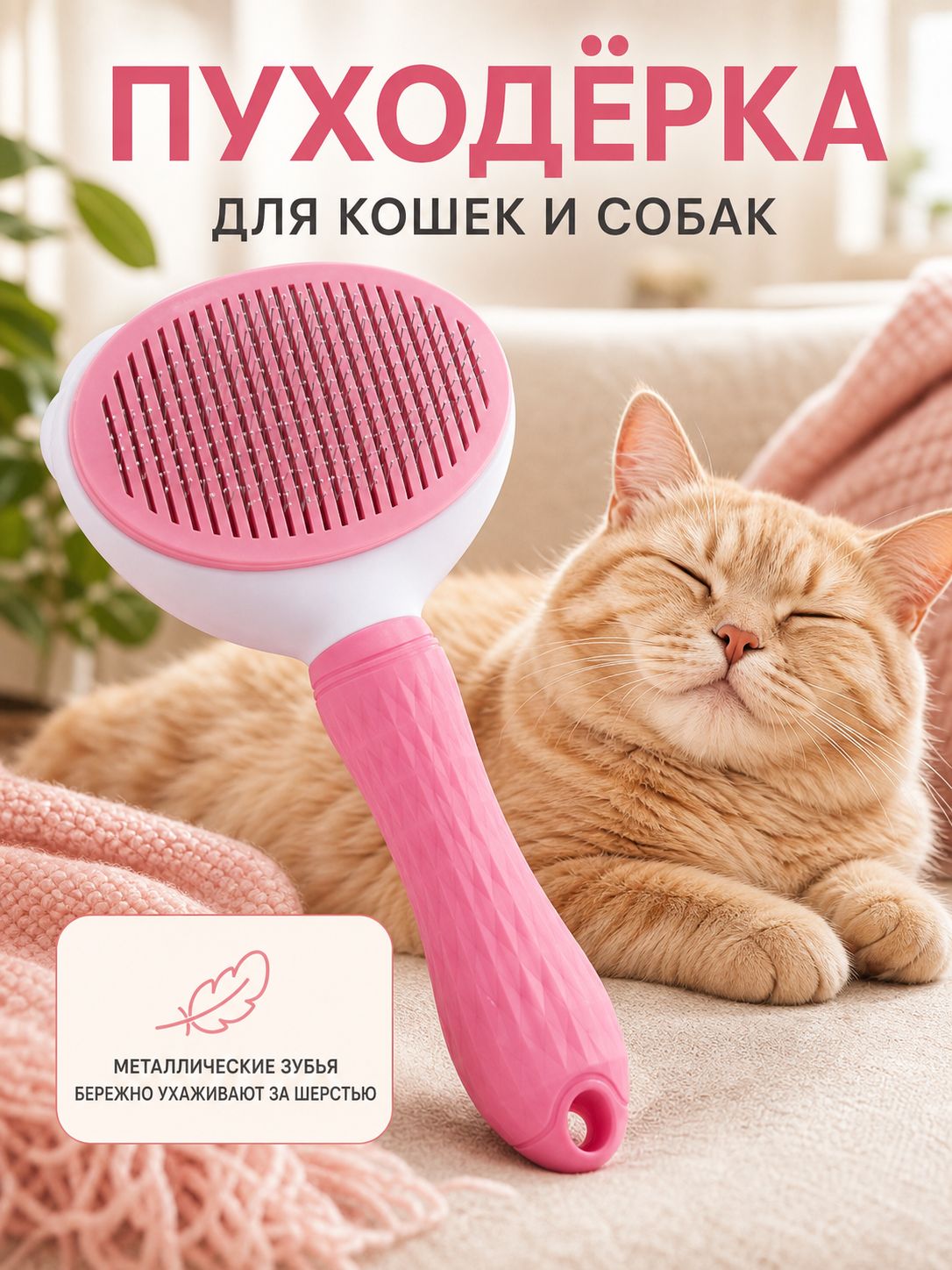 Пуходерка для кошек и собак, самоочищающаяся расческа-щетка для шерсти и подшерстка, 20 см
