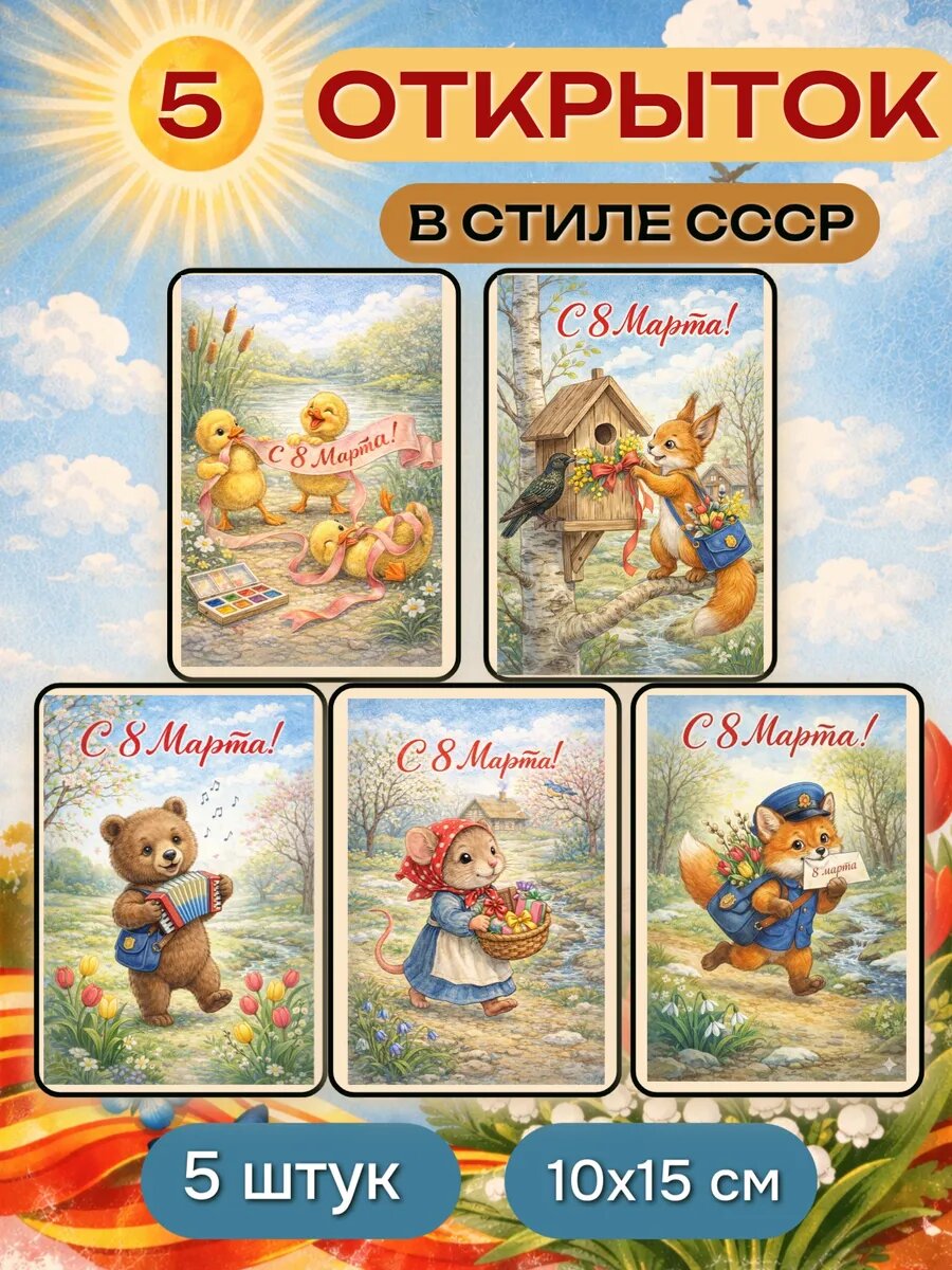 Набор открыток к 8 марта в стиле СССР 5 шт 10х15см