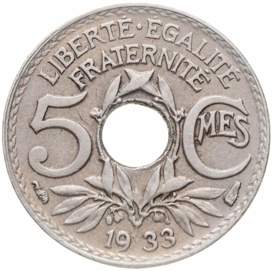 Франция 5 сантимов (centimes) 1933 Новый тип: Отверстие в центре