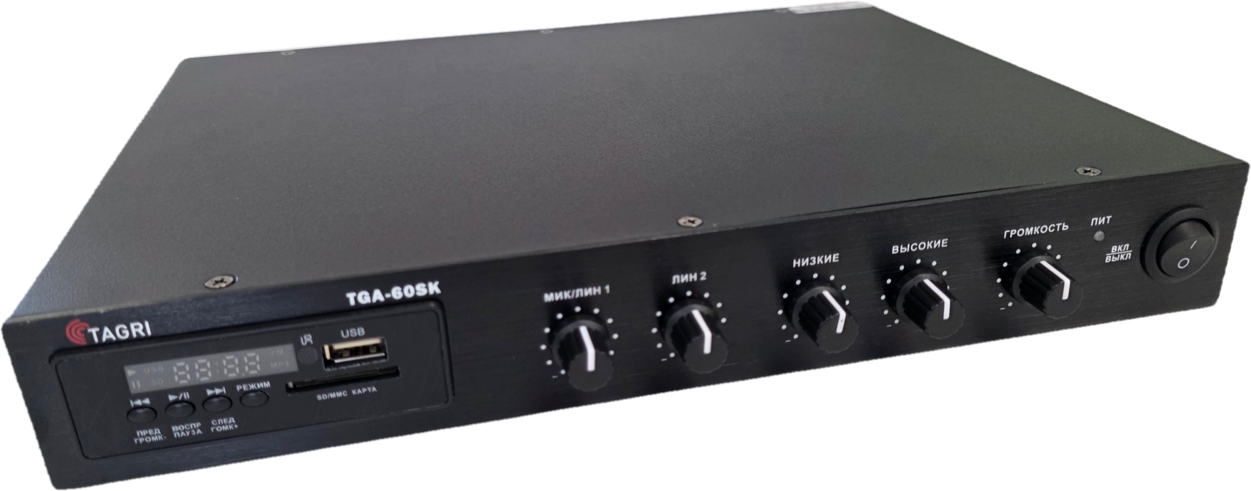 Микшер-усилитель TaGri TGA-60SK, встроенный плеер MP3, FM-тюнер, кроссфейдер, черно-серый