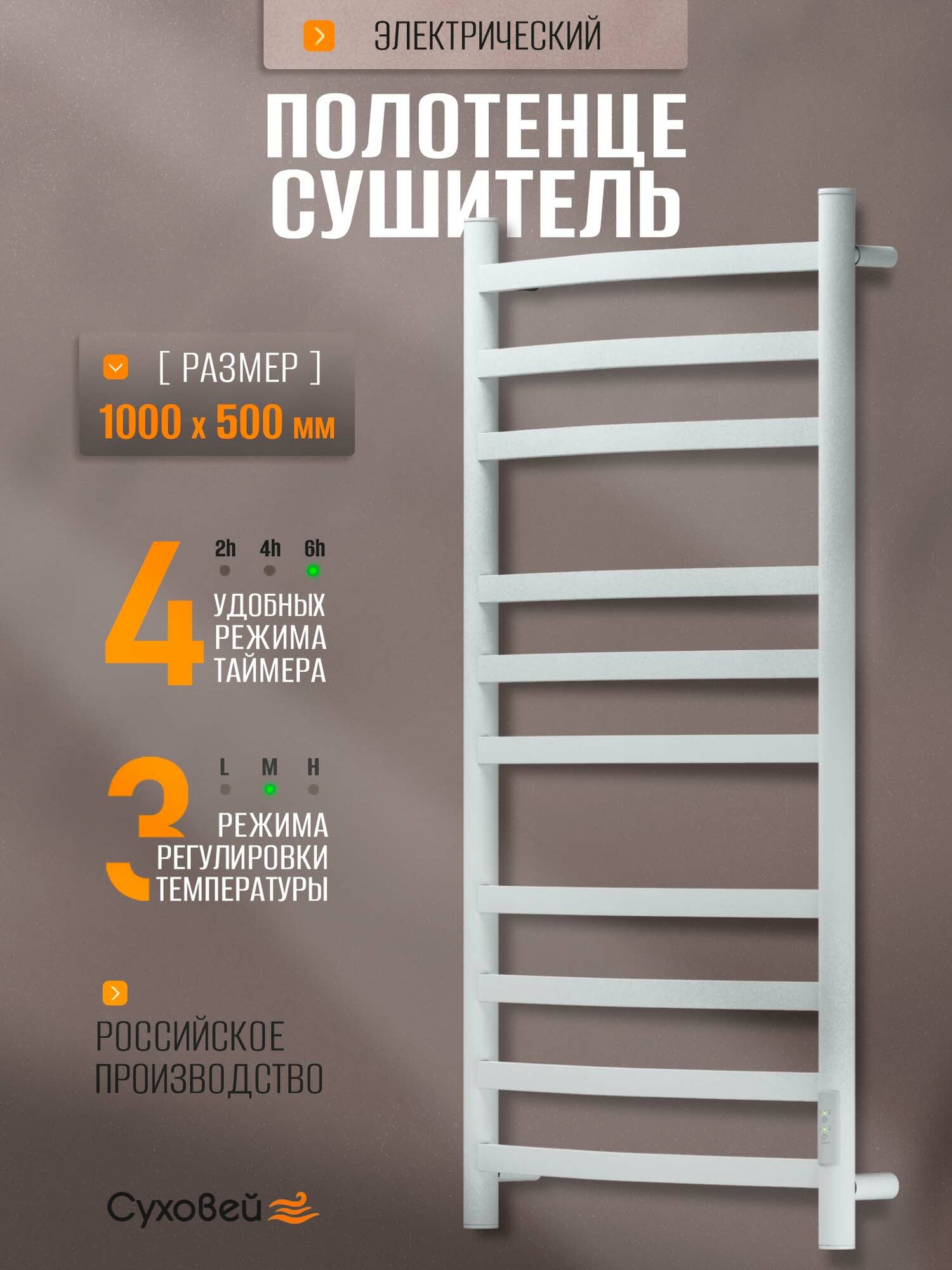 Полотенцесушитель электрический Суховей Уют USM05001WM 100x50 см, белый матовый / Сушилка для полотенец в ванную с таймером и терморегулятором, лесенка