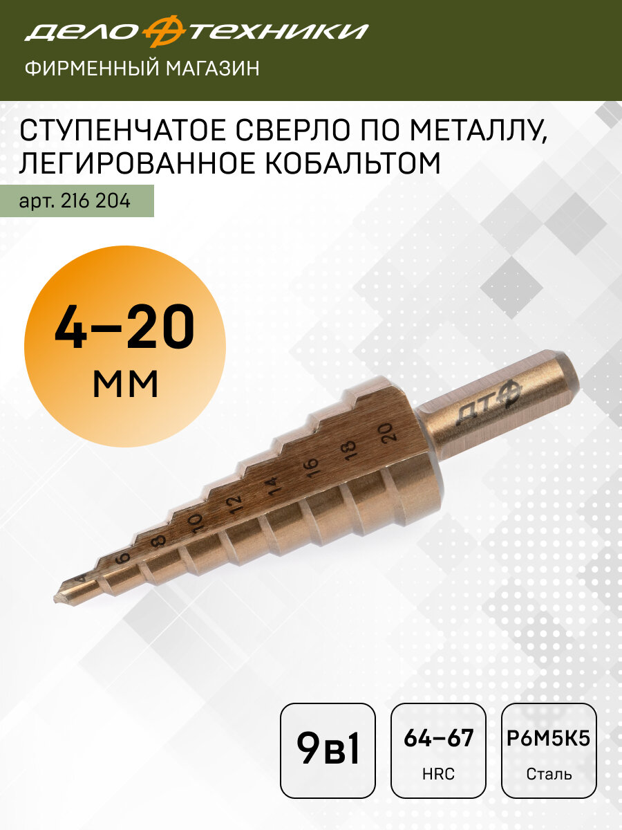 Сверло ступенчатое по металлу Дело Техники Ø4 - 20 мм, 216204