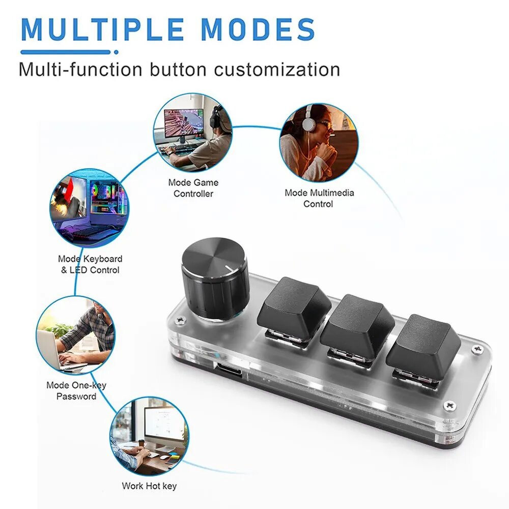 Механическая мини клавиатура с энкодером, 3 кнопки, USB, программируемая, красный переключатель, RGB, для компьютера, черная