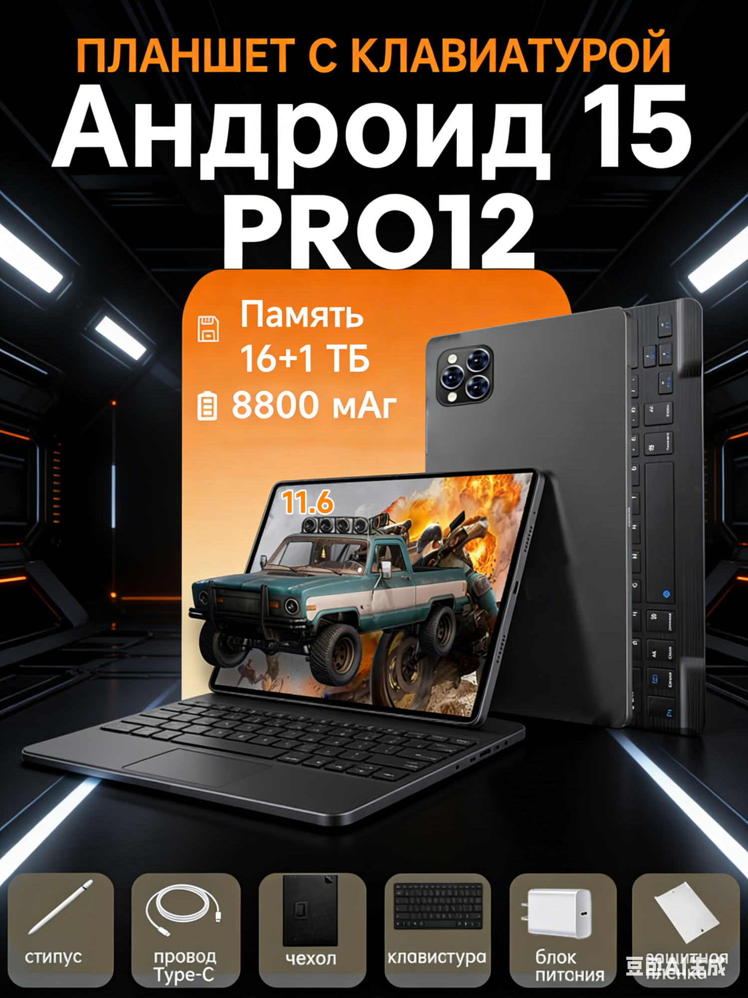 Galaxy Pro 12, андроид 15. В комплекте клавиатура и мышь. Планшет игровой, 11.6".