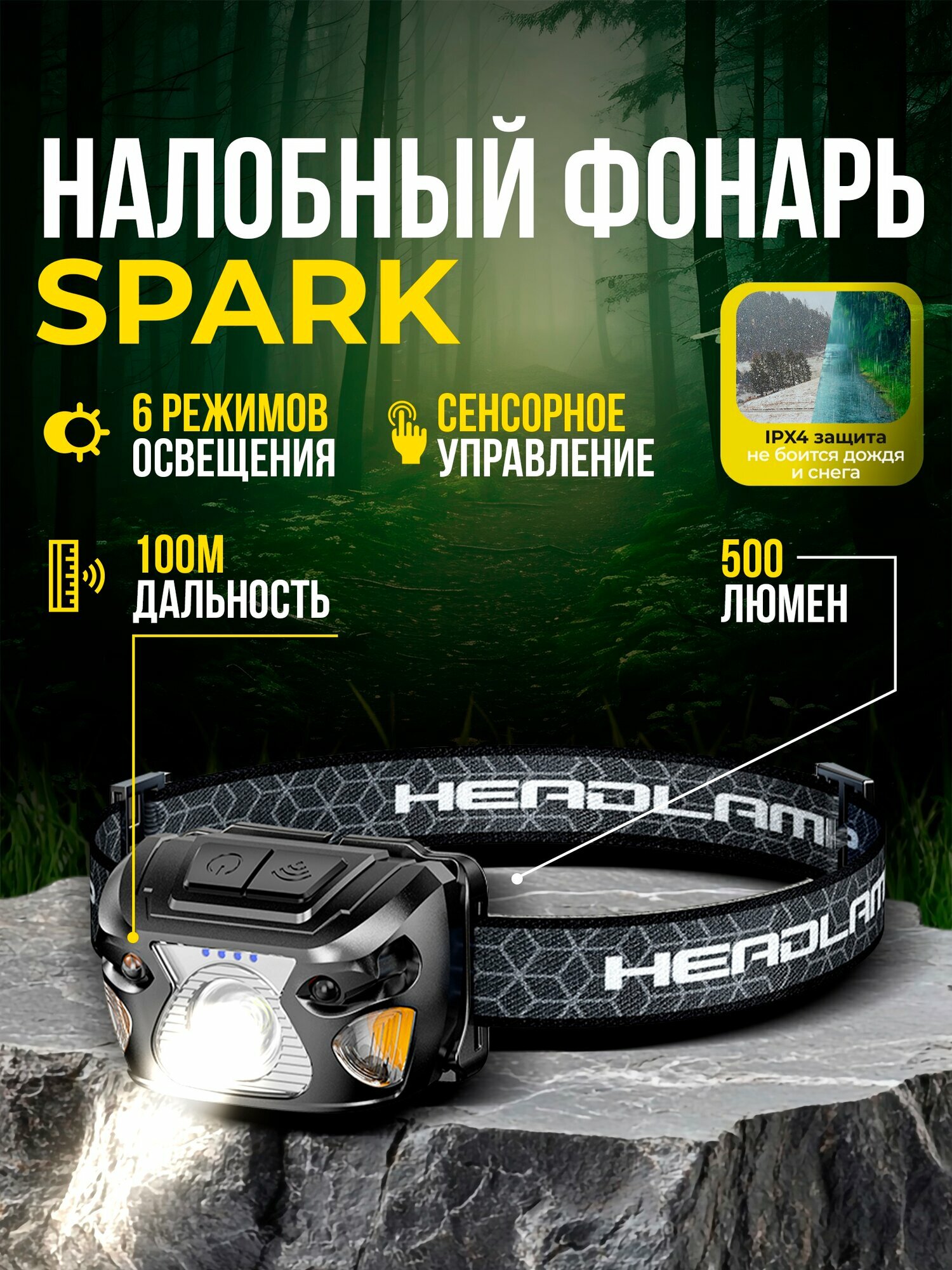 Налобный светодиодный фонарь Spark Standart Black (световой поток 450 Лм | встроенный аккумулятор | сенсор)