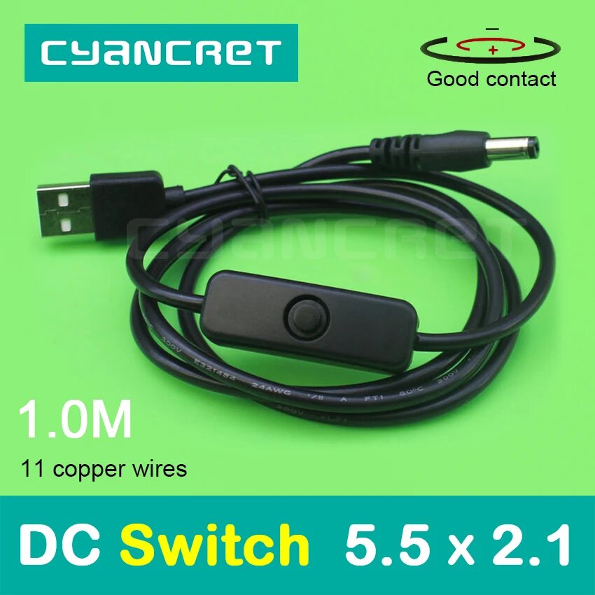 Кабель питания cyancret USB-DC 5.5x2.1 мм 1А 5В 9В 12В 2 м