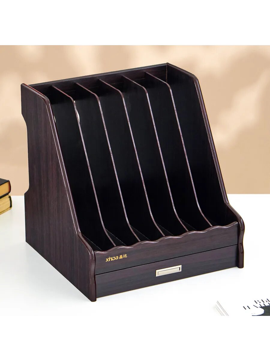 Вертикальный лоток накопитель для бумаг, деревянный органайзер для канцелярии 6 секций с выдвижным ящиком, 30*28*30см