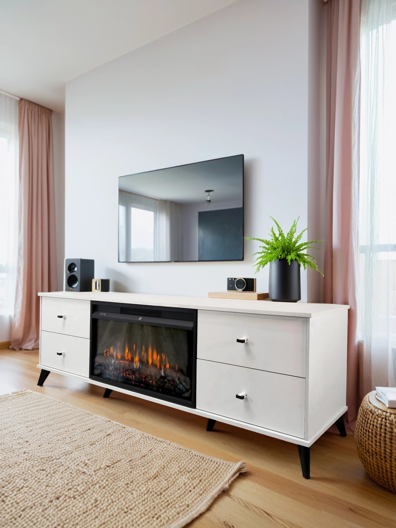 Камин электрический с эффектом пламени Flash с порталом - тумбой VITAMIN (ШхВхГ) 220х61,4х40 см, звук, обогрев, пульт