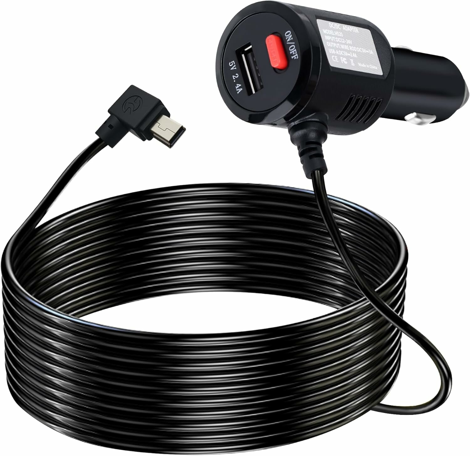 Кабель питания видеорегистратора, зарядный кабель Mini USB с углом наклона 90 градусов и переключателем включения/выключ