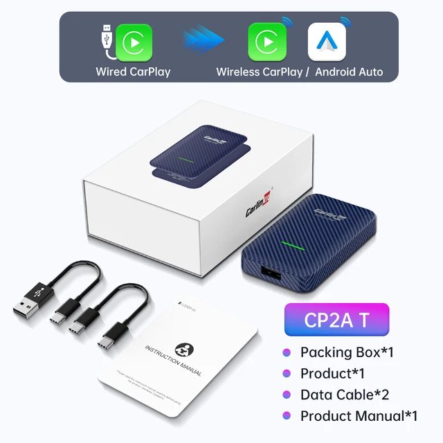 Беспроводной автомобильный адаптер CarlinKit 5.0 & Mini5 Pro CarPlay Android 2-в-1 CP2A Plus Smart Adapter, поддерживает Bluetooth 4.2, Spotify и обновления карт по беспроводной сети (FOTA).