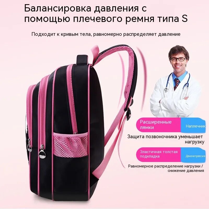 Школьный рюкзак для девочек с изображением кошки, черный и розовый, нейлон, 38х28х11 см — фото 1