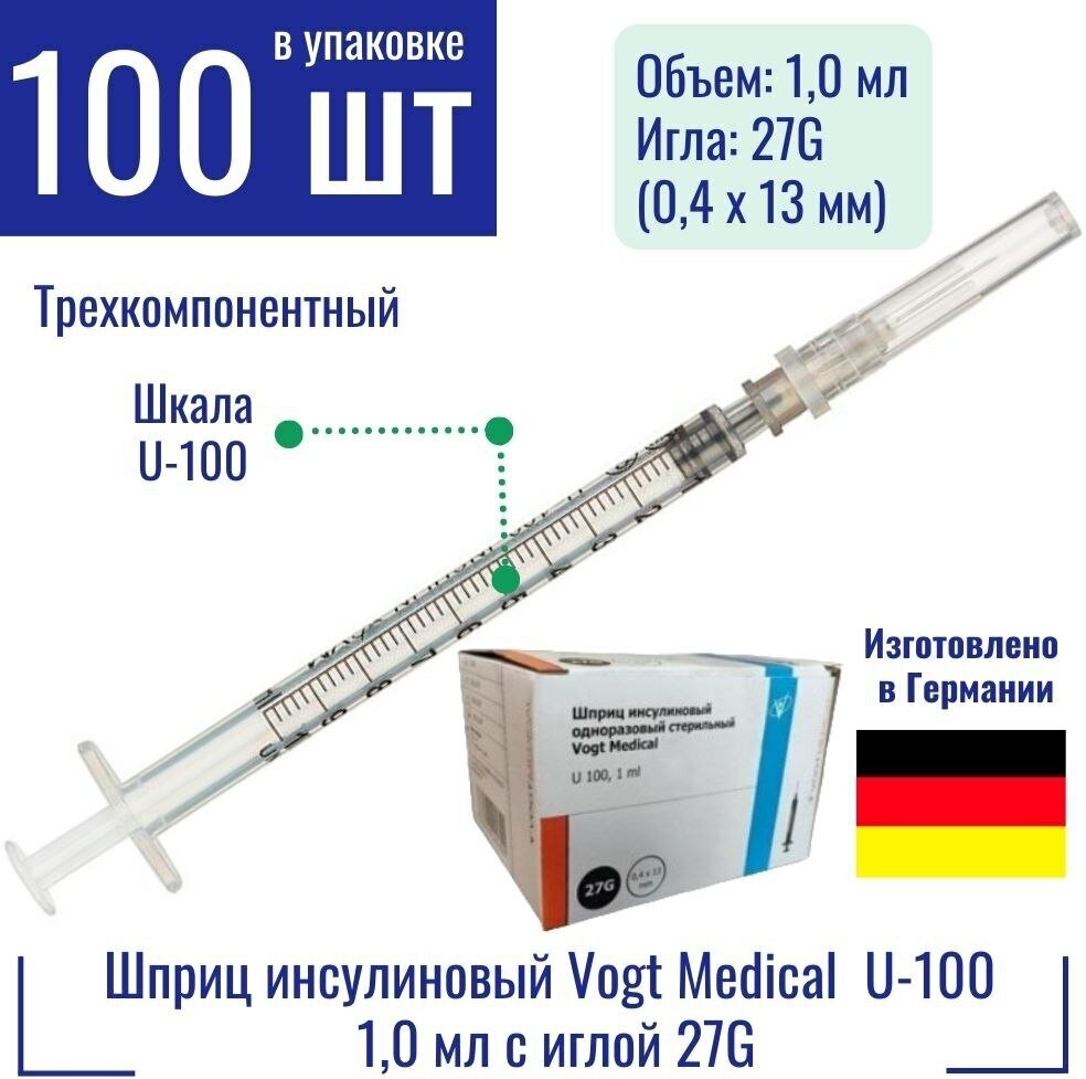 Шприц одноразовый стерильный инсулиновый Vogt Medical 1мл U-100 с надетой иглой 27G 1/2" (0.4x13мм)