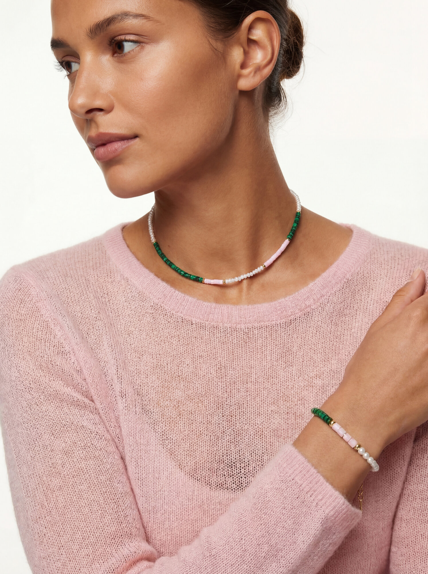Колье LU Jewel, жемчуг пресноводный культивированный, перламутр, малахит, длина 34 см, зеленый — фото 1