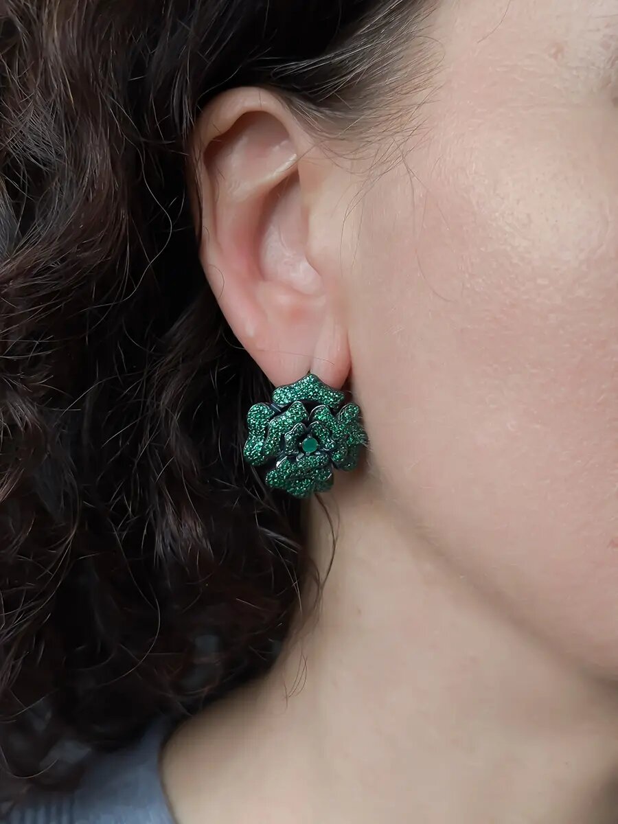 Серьги, серебро, 925 проба, чернение, изумруд синтетический, изумруд