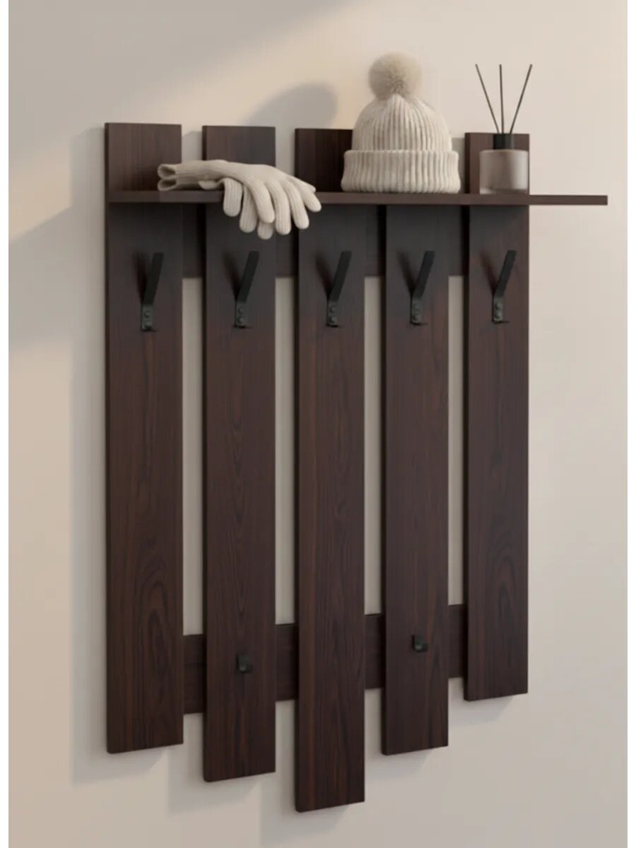Настенная вешалка с полкой, вешалка в прихожую для одежды, 7 крючков, венге