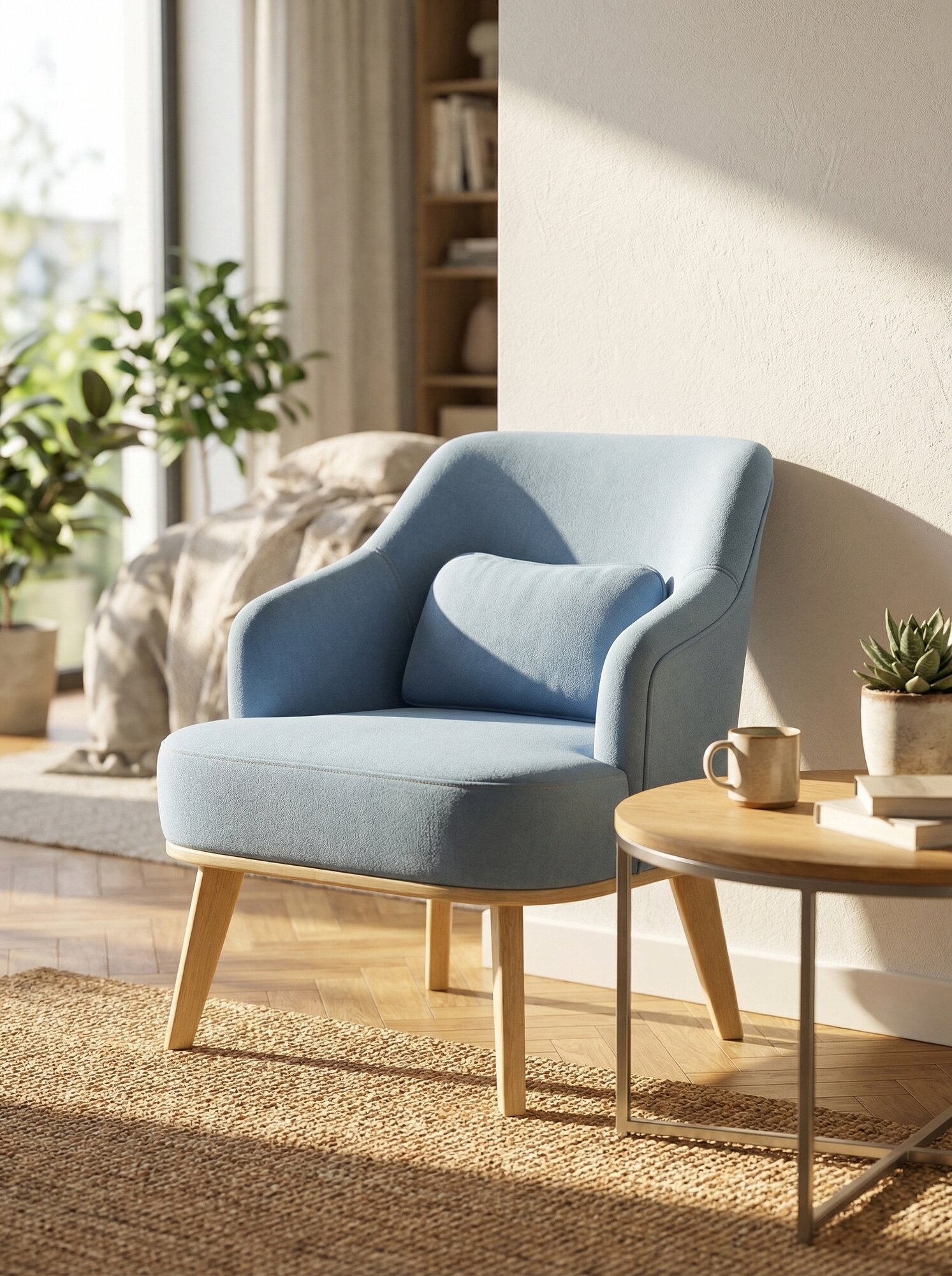 Кресло в гостинную Мебелик мягкое для отдыха Комфорт 5 ткань катания дасти blue, каркас лак