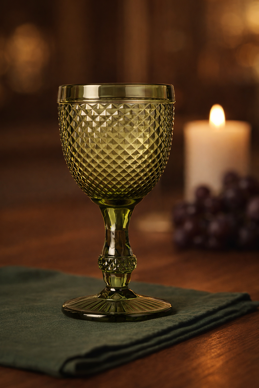 Бокал стеклянный 200 мл, зеленый на ножке для вина, воды, коктейлей, декоративный рельефный