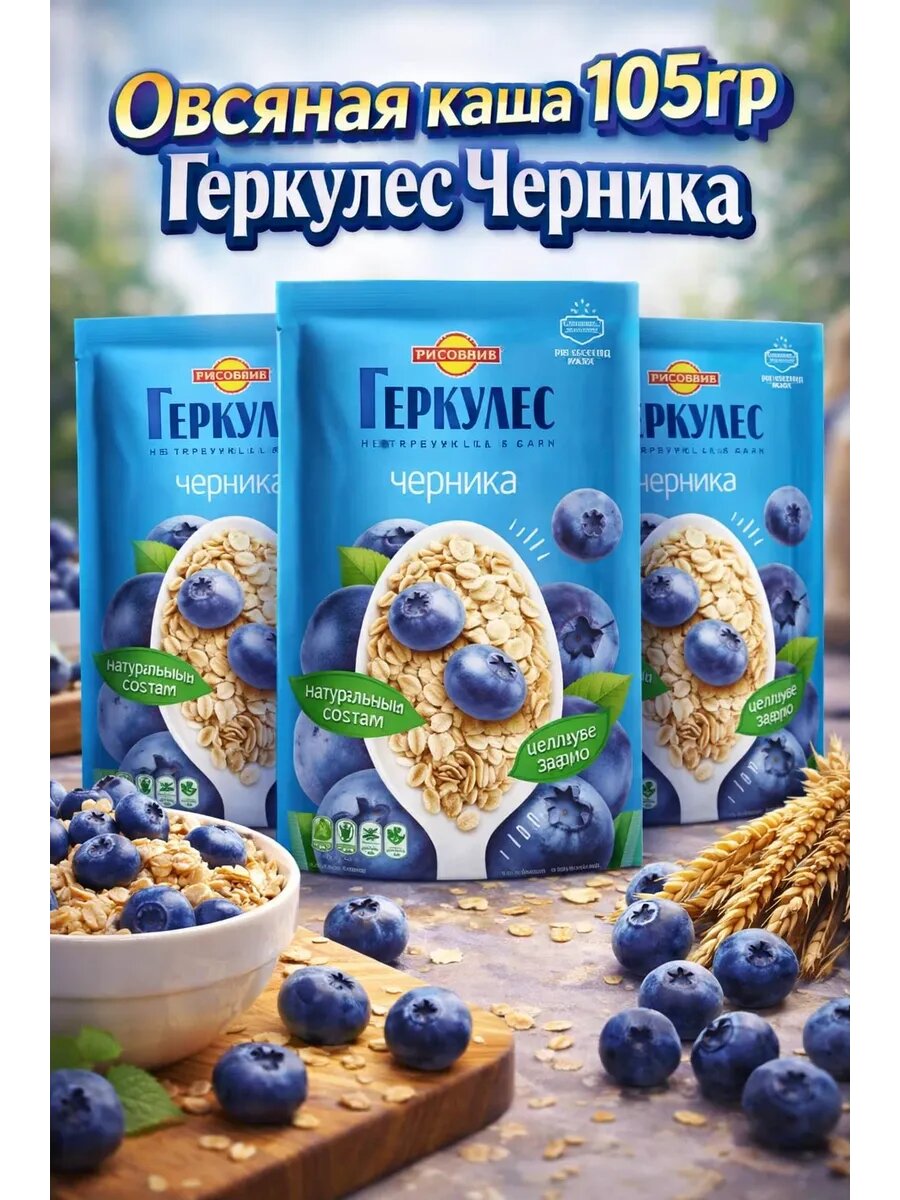 Овсяная каша 105гр Геркулес Черника 3 штуки