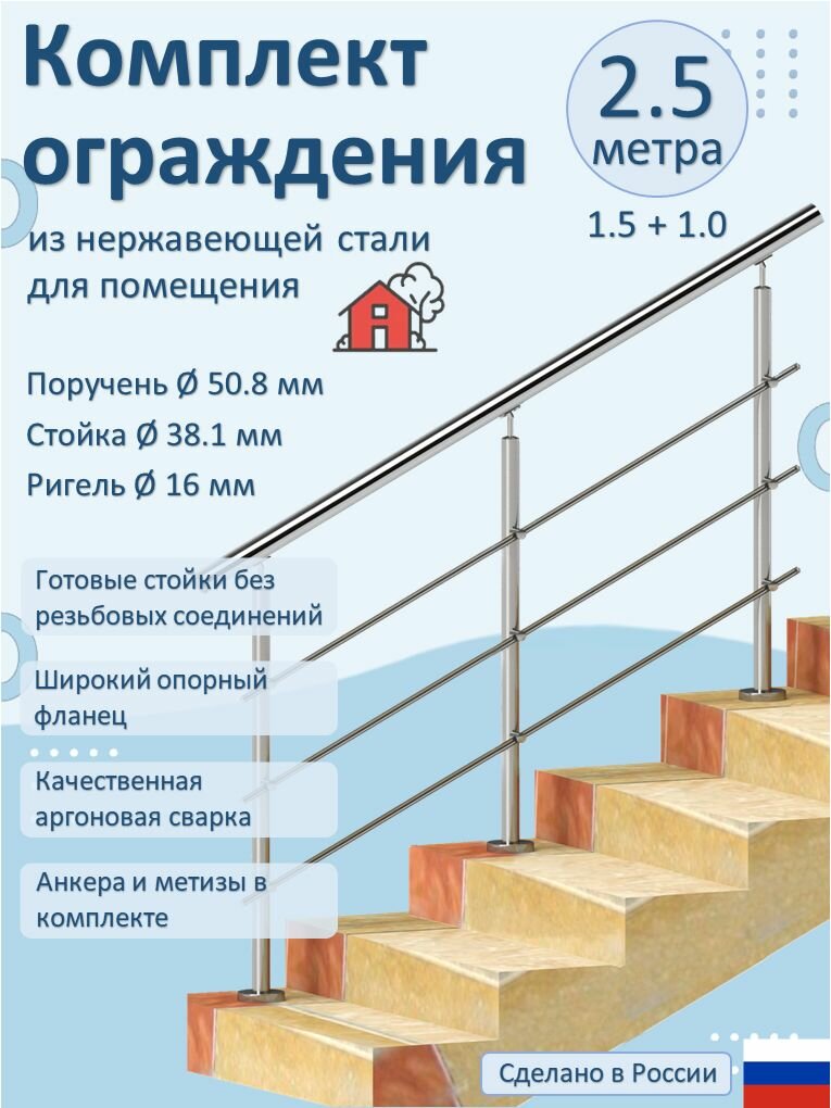 Перила для лестницы натеко, составное ограждение 2.5 м. из Нержавеющей Стали AISI 201, поручень 50.8 мм, из нержавейки для Помещения