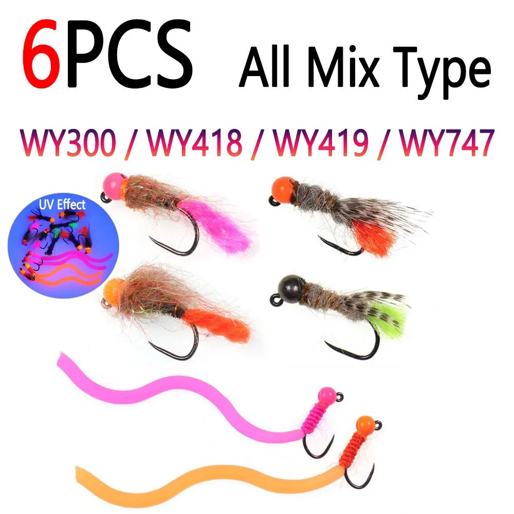 Bimoo Флуоресцентные джиг нимфы для форели, 6pcs Mix