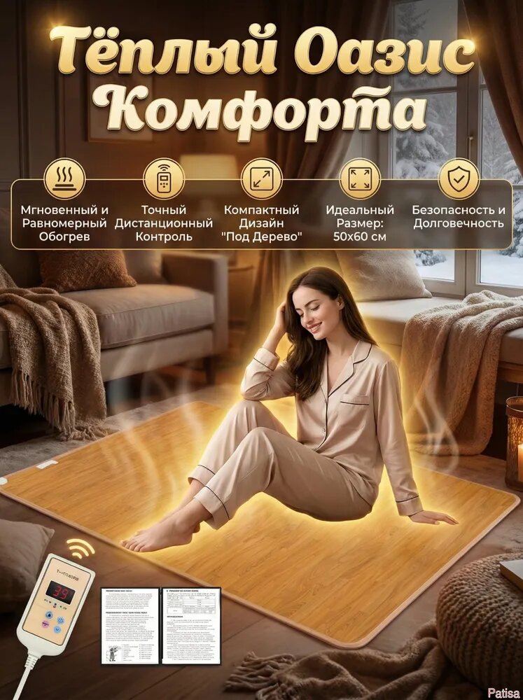 Коврик с подогревом графеновый 50x60 см, мобильный теплый пол с терморегулятором, водо- и огнеупорный, 300 Вт