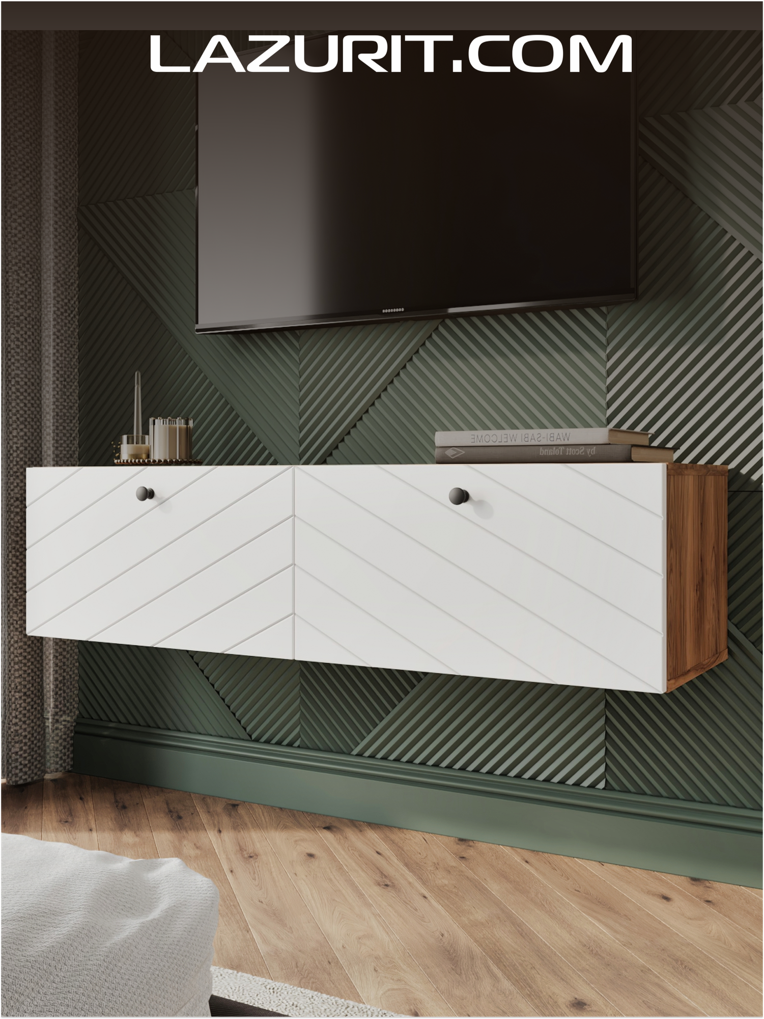 ТВ Тумба под телевизор подвесная Lazurit Elysian белая деревянная с ящиками узкая консоль в прихожую спальню 114х30х36см