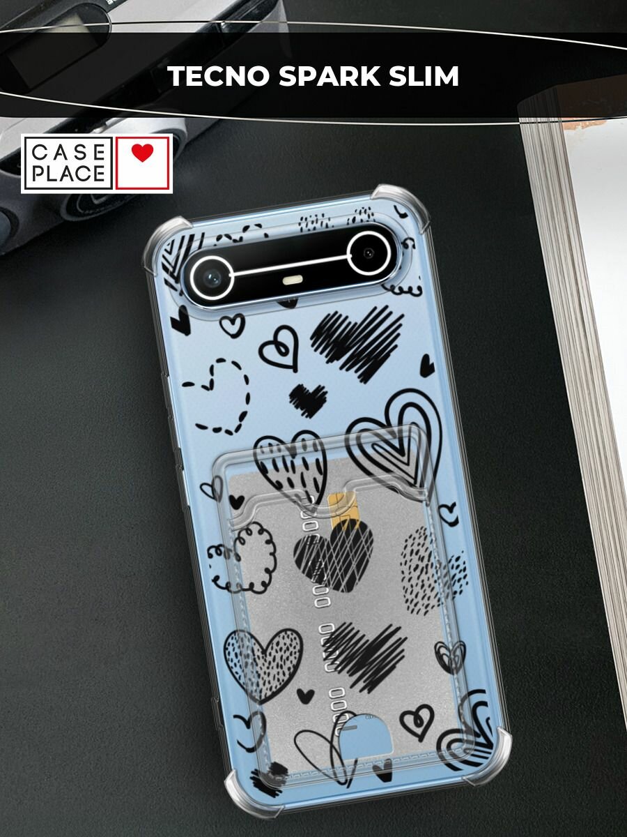 Чехол на Tecno Spark Slim (Текно Спарк Слим) с картой и принтом Сердечки карандашом черные