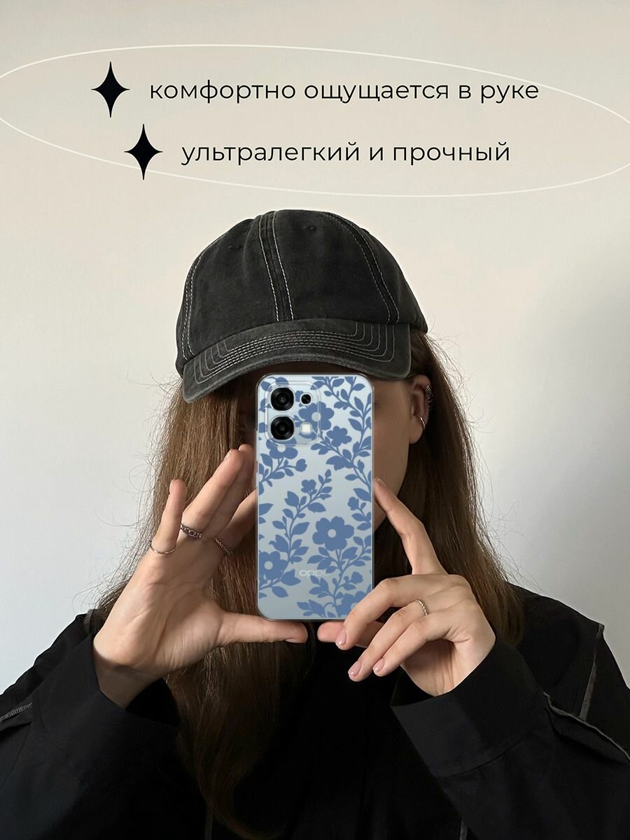 Чехол на Oppo A6 Pro / Оппо A6 Про с принтом Голубые вьющиеся цветочки, прозрачный — фото 1