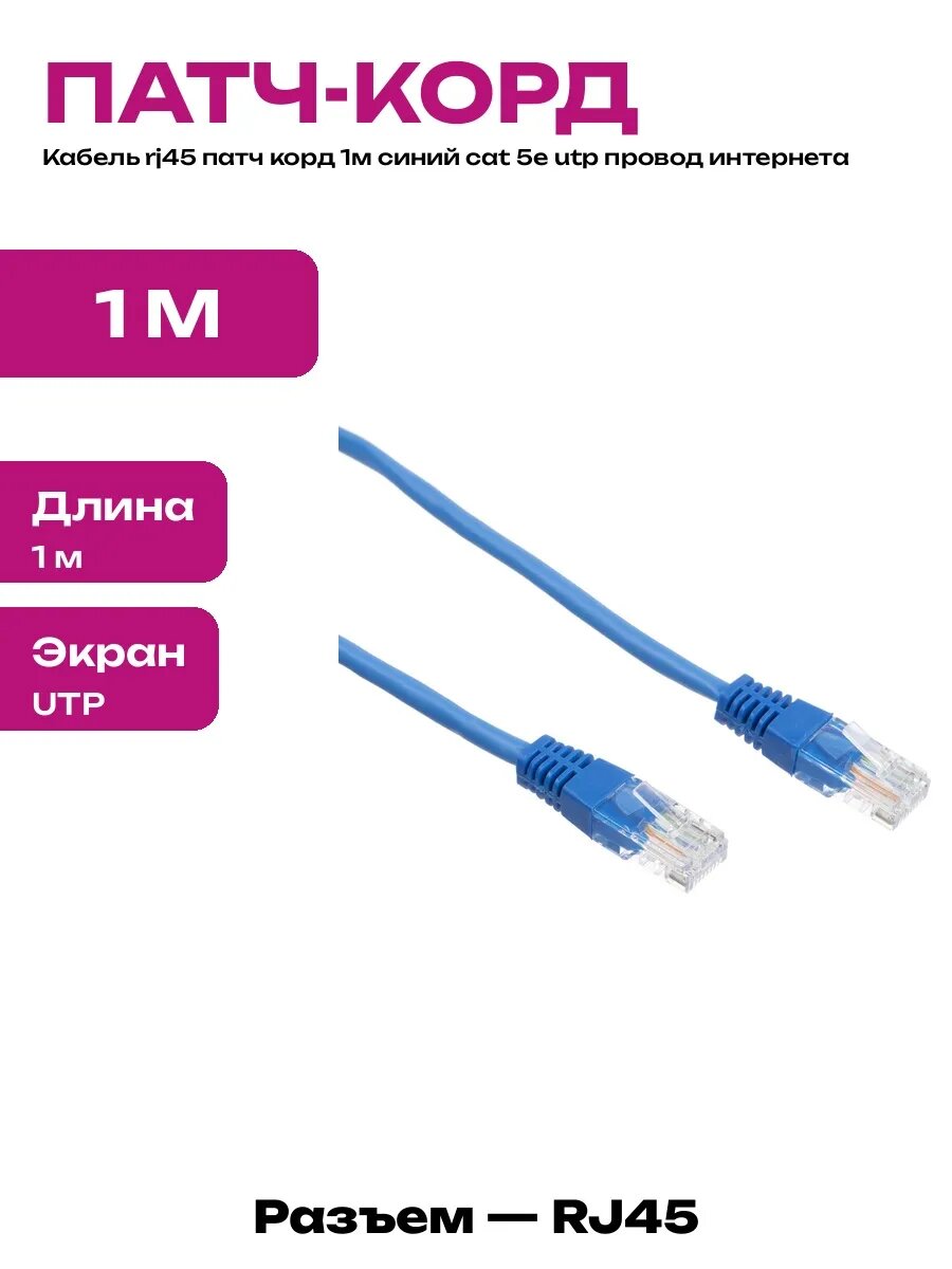 Кабель интернет патч корд 1м синий rj45 cat 5e utp для дома