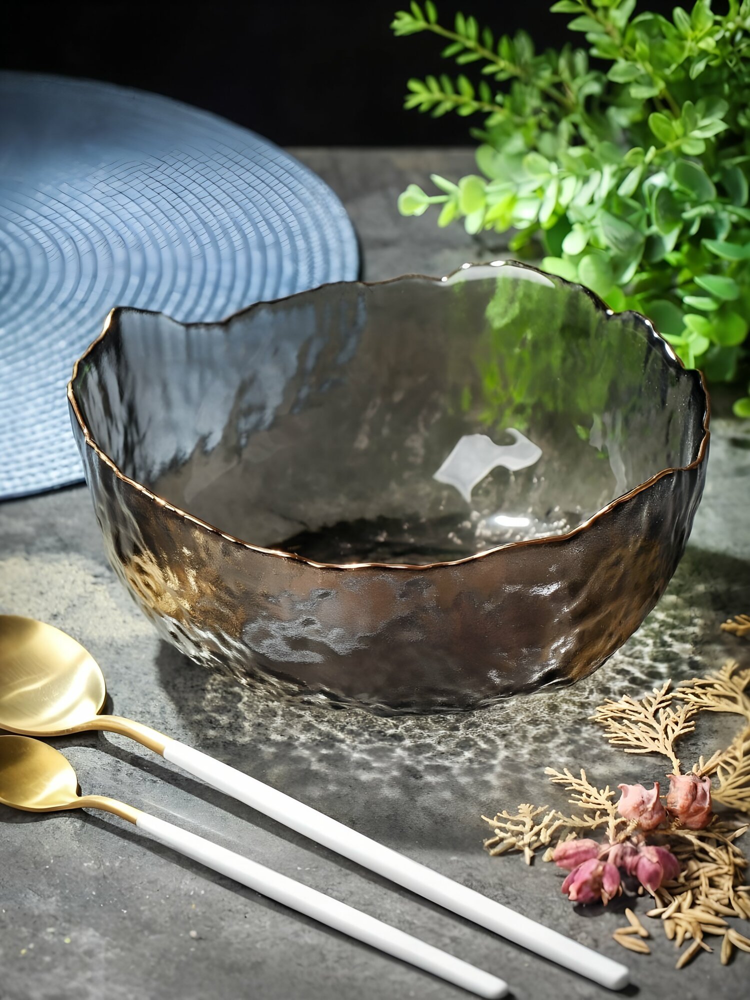 Салатник стекло, круглый, 19х9 см, 1.285 л, отвод золотом, Графит