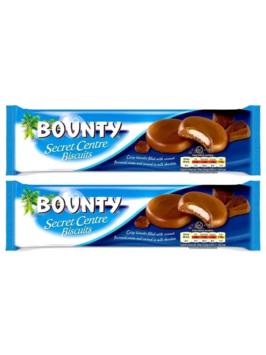 Бисквитное печенье в шоколаде Bounty Secret Centre Biscuits со сливочно-кокосовой начинкой 2 шт по 132 г(Великобритания)