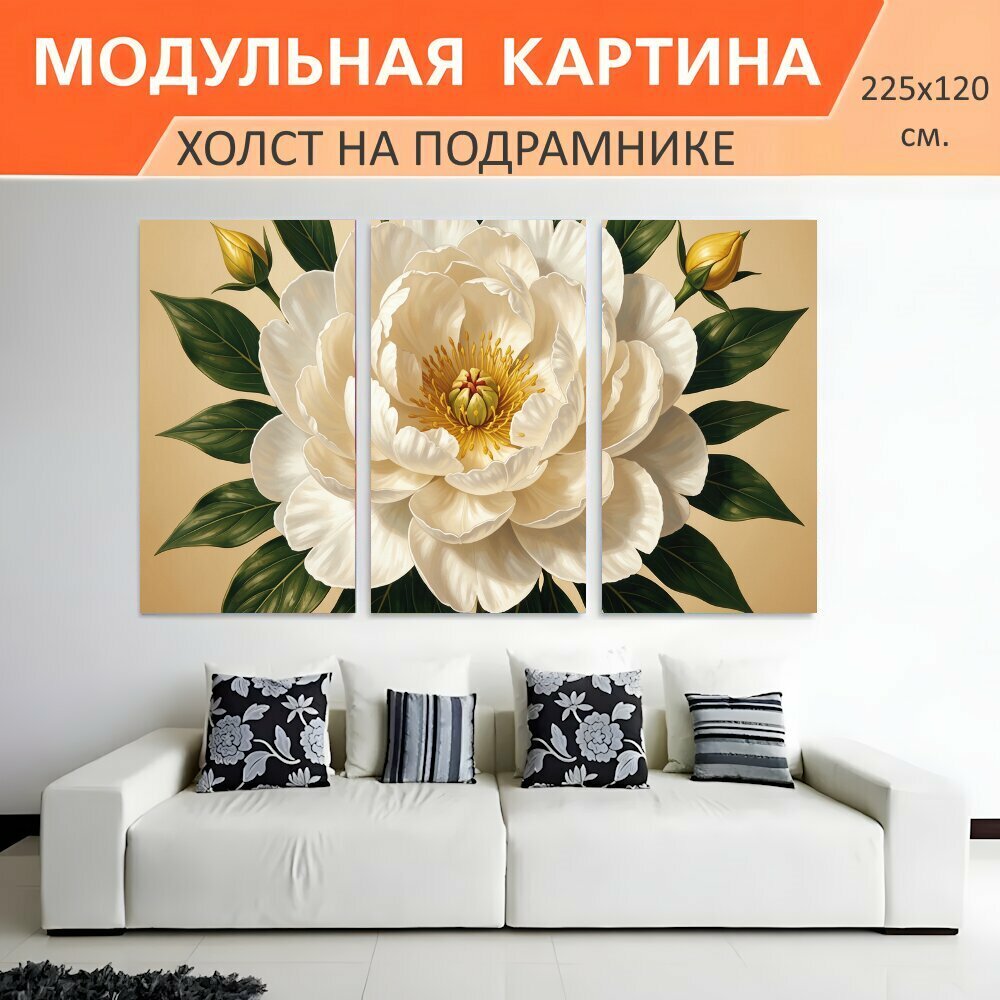 Модульная картина на холсте "Белый пион с бутонами. Нежная ботаническая композиция с крупным кремово-белым цветком, зелёной листвой и." триптих на подрамнике 225х120 см. для интерьера