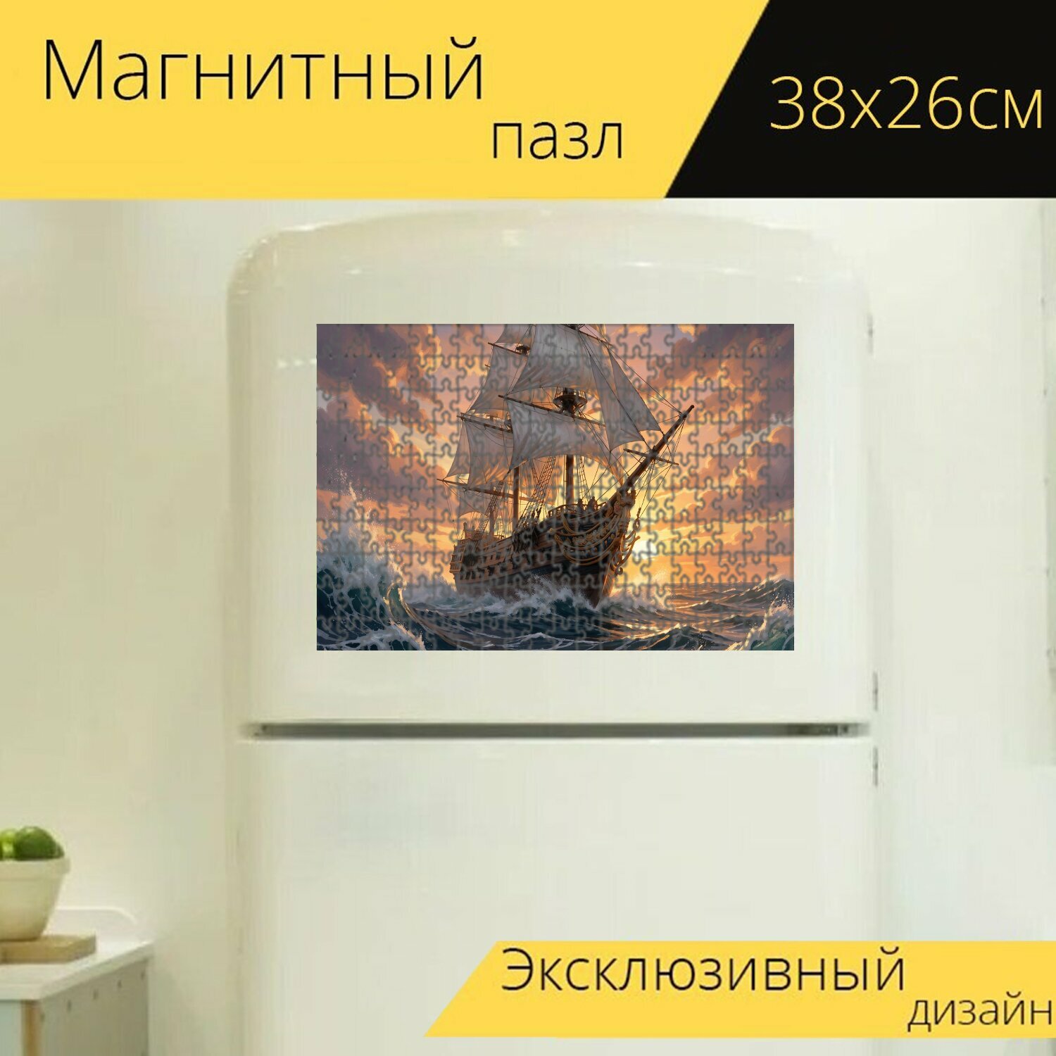 Магнитный пазл "Парусный корабль в бурном море. Драматичная морская сцена с величественным трехмачтовым судном, белыми парусами и высокими волнами на фоне." для интерьера, 38х26 см.