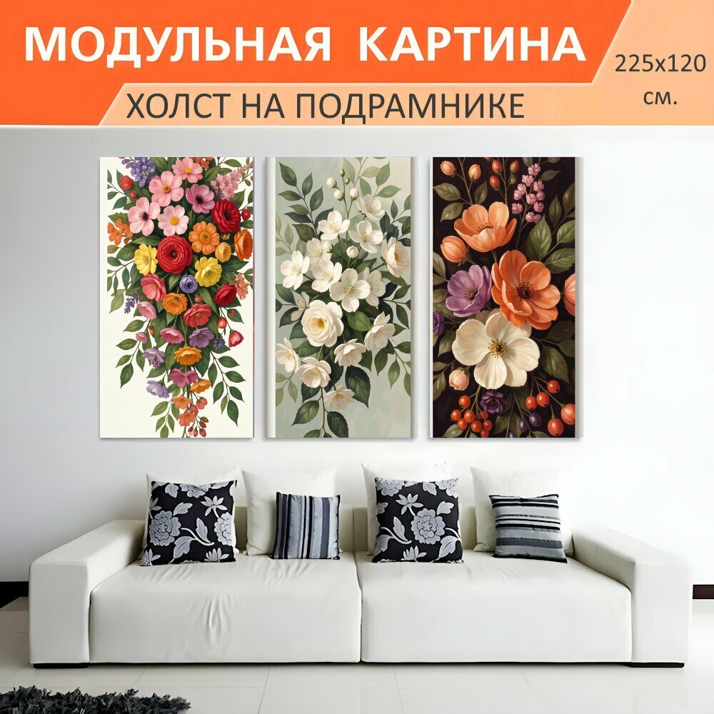 Модульная картина на холсте "Цветочные композиции в трех стилях. Три вертикальные флористические композиции: яркий букет полевых и." триптих на подрамнике 225х120 см. для интерьера