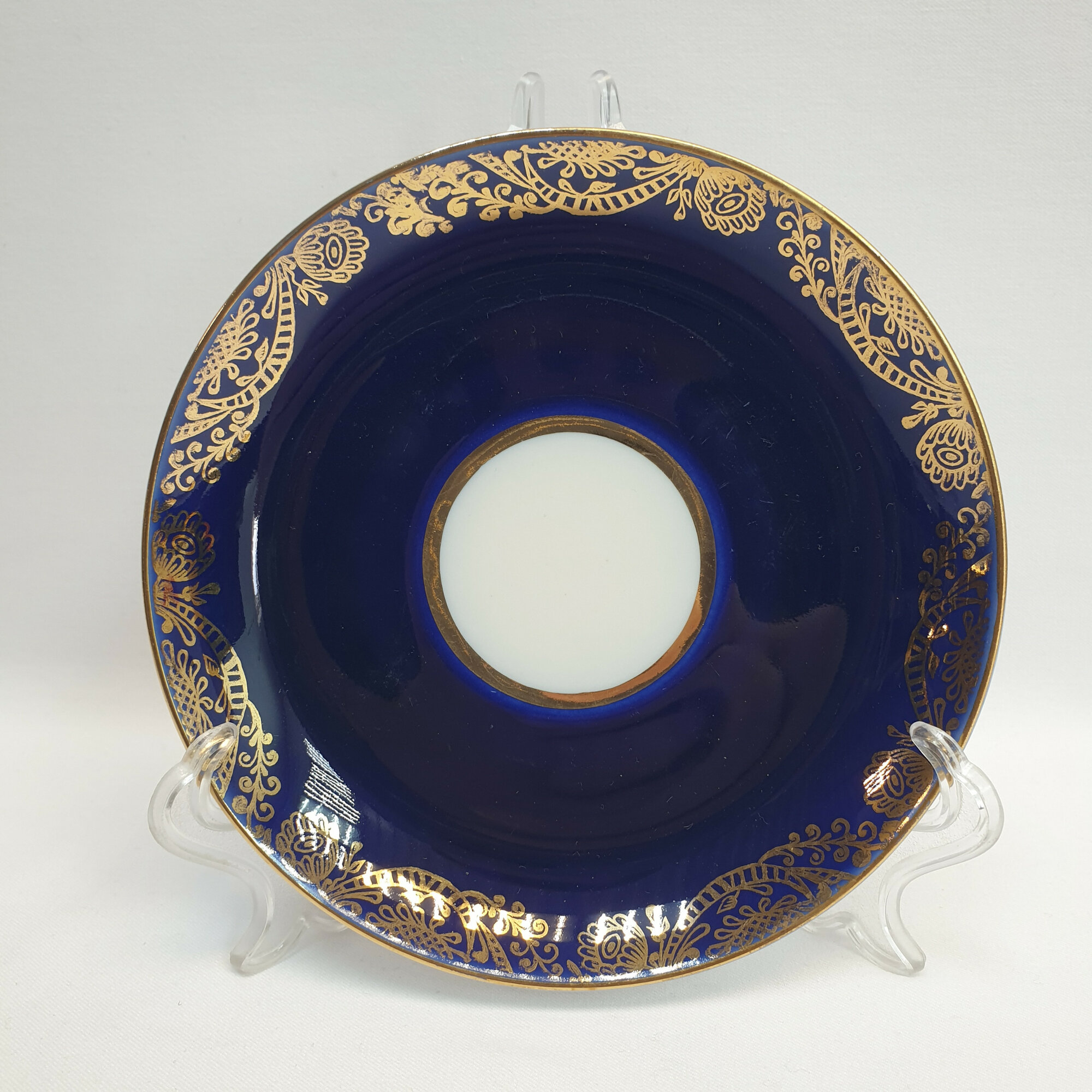 Винтажное чайное блюдце, ЛФЗ, фарфор, кобальтовое крытье, позолота, СССР.
