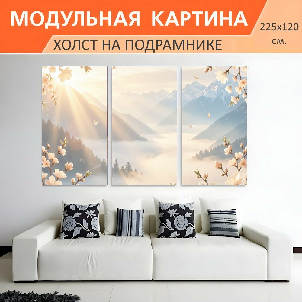 Модульная картина на холсте "Цветущие ветви над горными вершинами. Нежный пейзаж с заснеженными хребтами в туманной долине." триптих на подрамнике 225х120 см. для интерьера