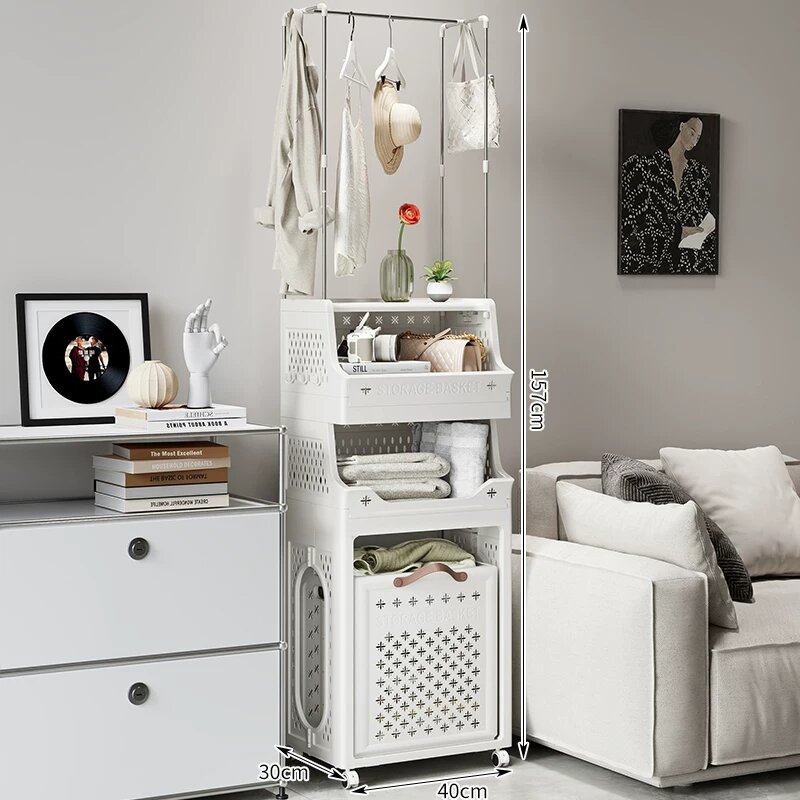 Белая корзина для белья с 4 ярусами, разделенная конструкция, с вешалкой для хранения в спальне